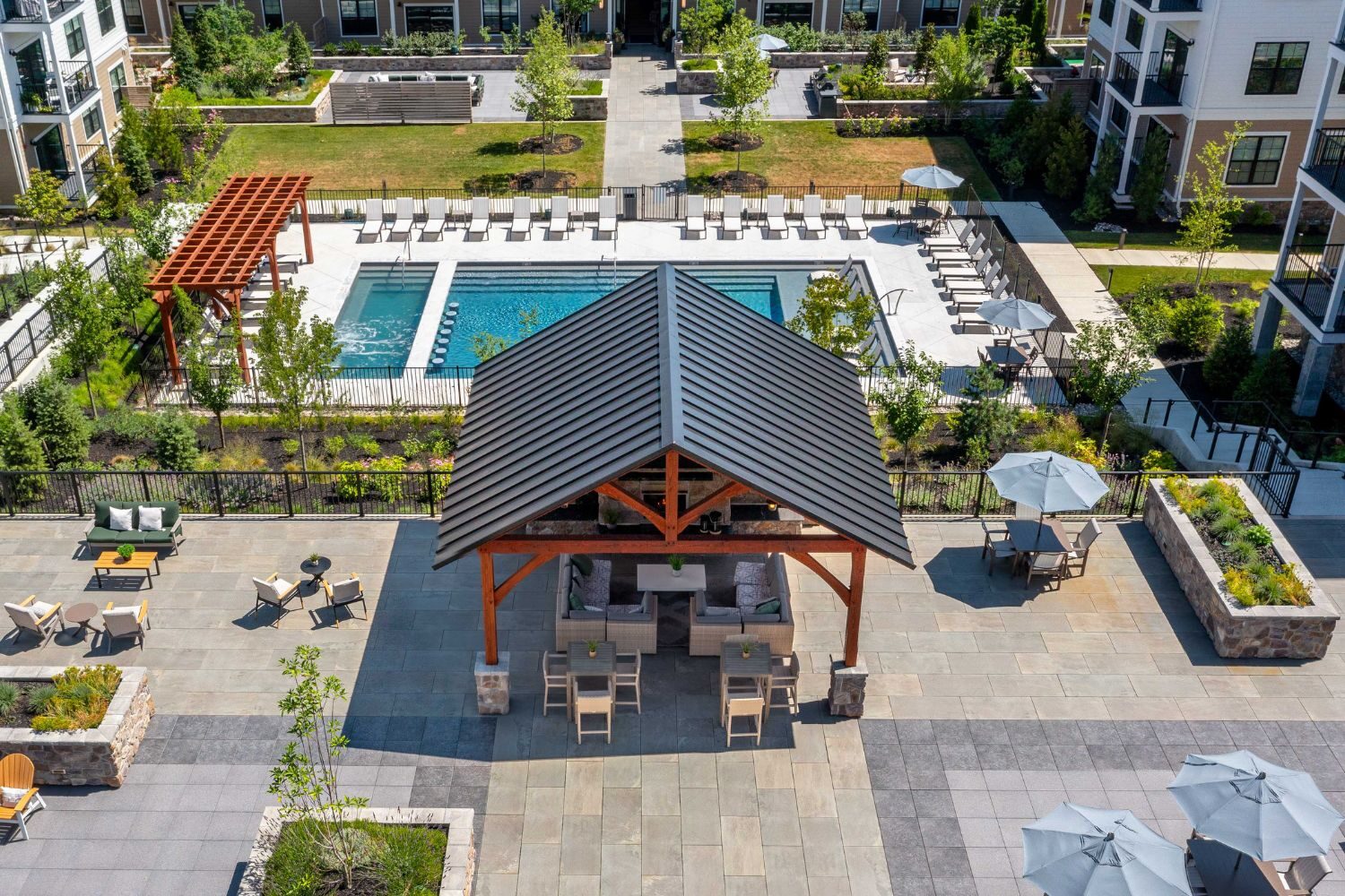 20x20 Kingston Pavilion and 7x30 Boulder Pergola in Newtown Square PA | LCB