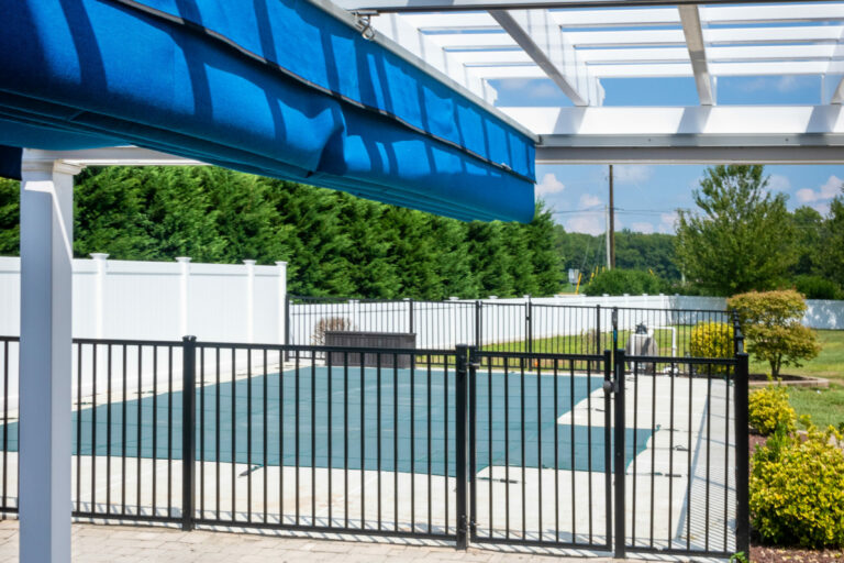 14×16 Vinyl Pergola w Blue Shade | Lancaster County Backyard